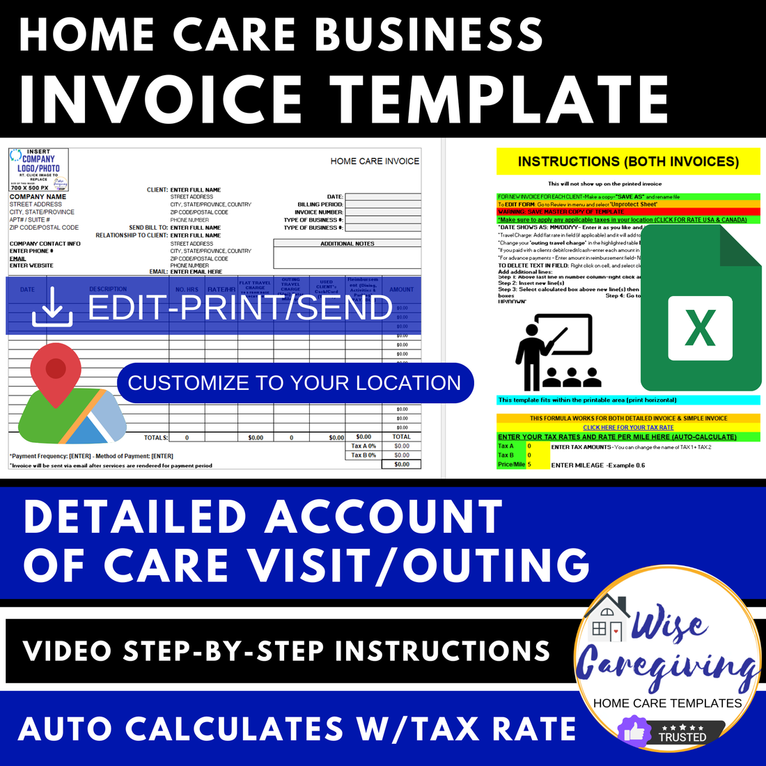 Home Care Invoice Template - Auto Calculating & Detailed Visit Info