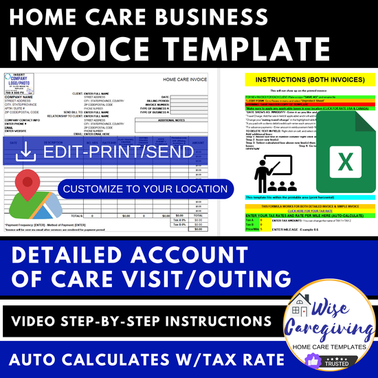 Home Care Invoice Template - Auto Calculating & Detailed Visit Info