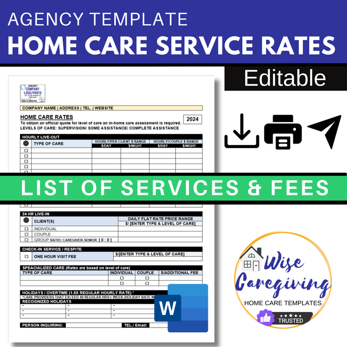 Home Care Service Rates Template | Editable | Printable