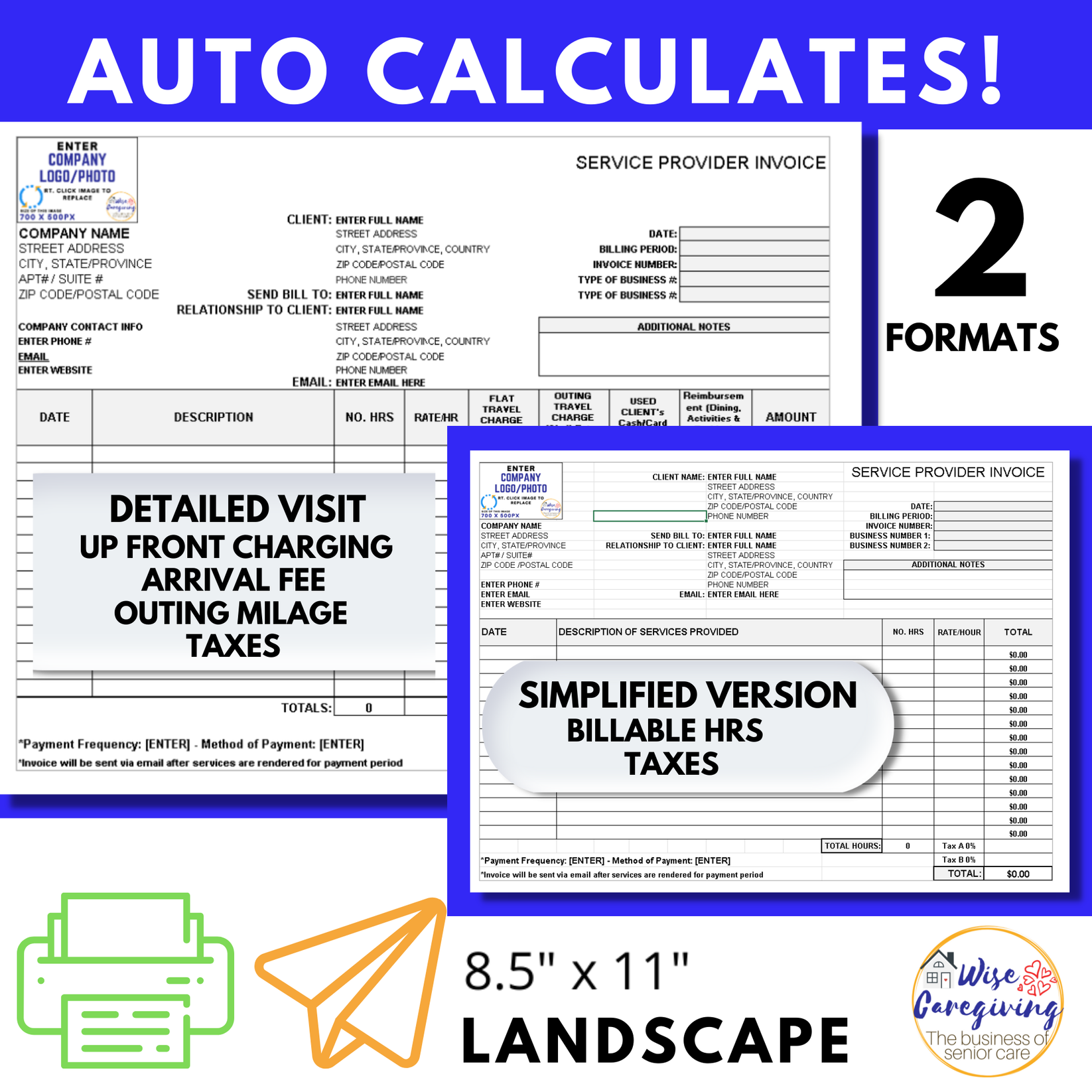 Home Care Invoice Template - Auto Calculating & Detailed Visit Info